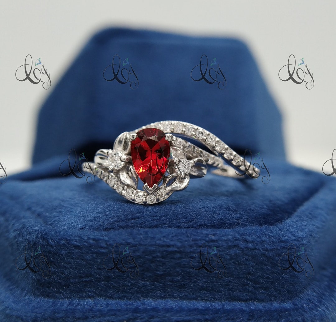 2.00 CT Pear Cut Red Ruby Vintage Bridal Set, Ruby Diamond Engagement ...
