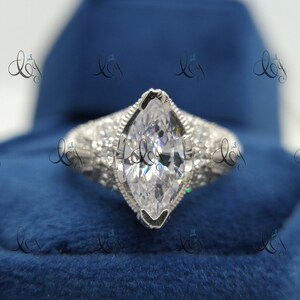 Vintage Marquise Diamond Art Deco Ring in Solid 925 Silver Engagement ...