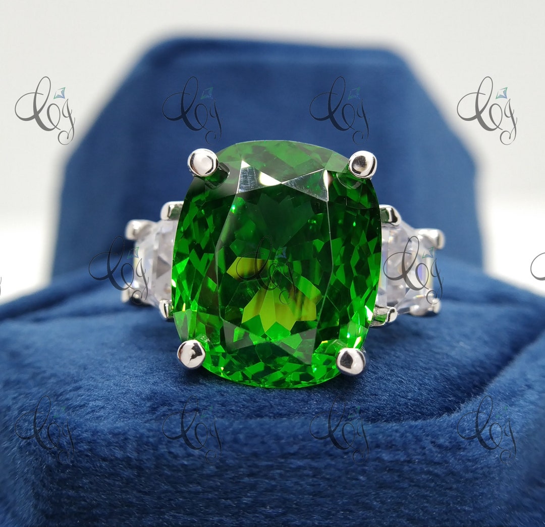 Green Cushion Inclusions Three Stone Ring for Women Cocktail Fine ...