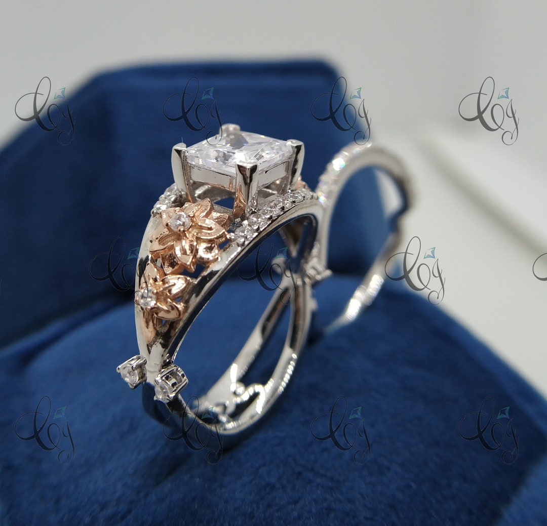 Delicate Princess Cut Diamond Ring Set, Two Tone Engagement Rings, 2.20 ...