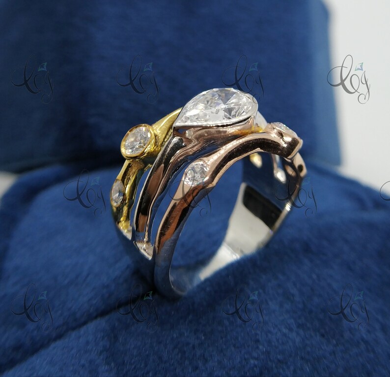 Beautiful Horizontal Bezel Set Pear Shape Engagement Wedding Ring Three ...