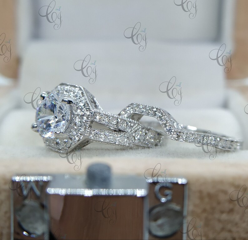 Vintage 2.20 Carat White Round Cut Diamond Wedding Engagement Ring Set ...