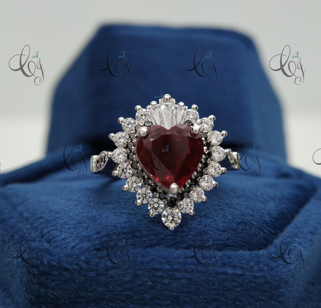 Stunning Lovable Red Heart Cut Diamond Ring, Baguette Prong Set Ring ...