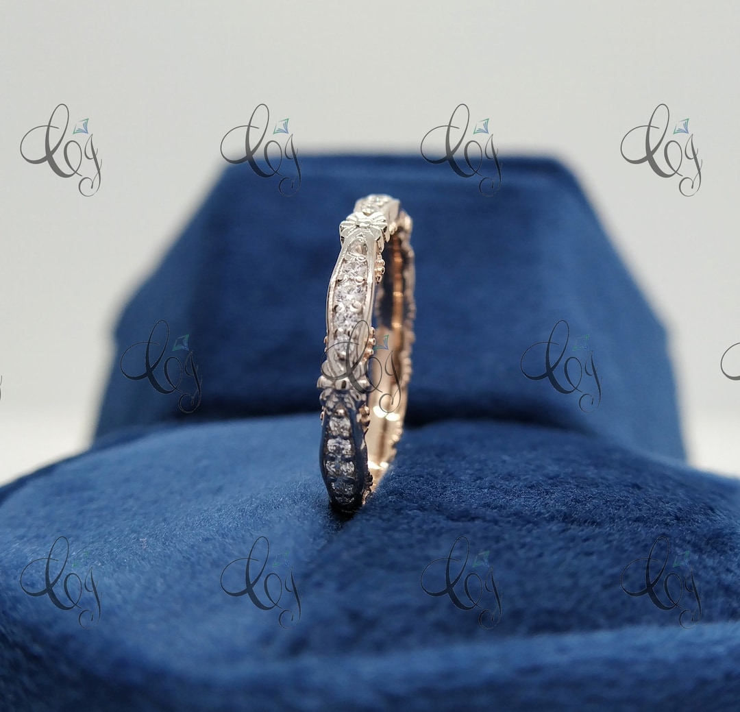 Antique Flower Art Deco Diamond Wedding Band Ring Two Tone Band Stacking Band Vintage Band ...