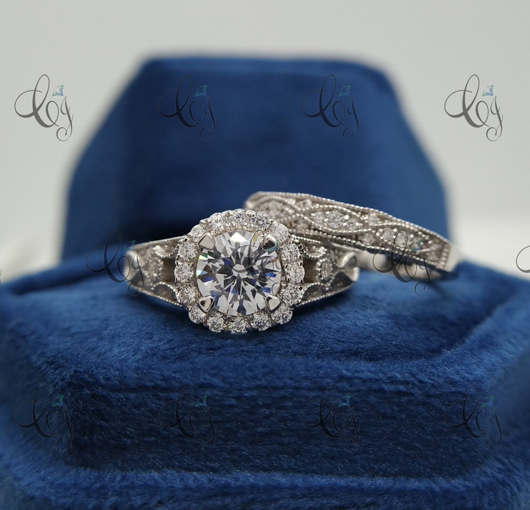 Vintage Engagement Bridal Set 2 Ct White Round Cut Diamond Wedding Ring ...
