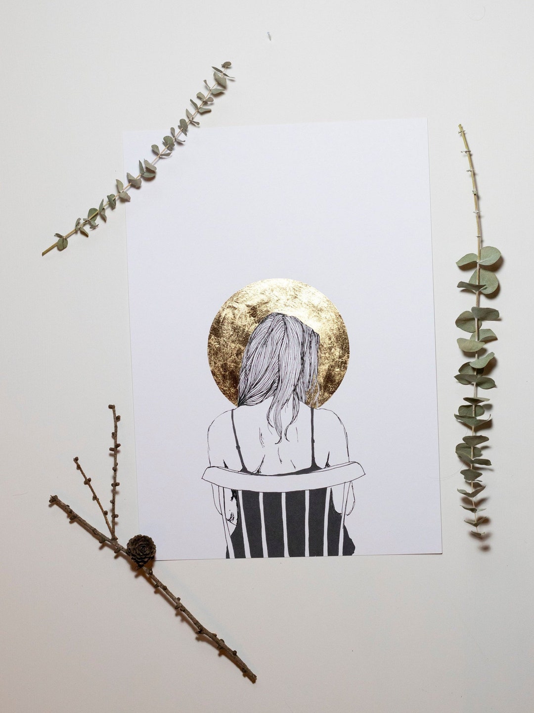 Art Print golden Circle . Line Art . Interior. Gold Leaf. Leaf Metal ...