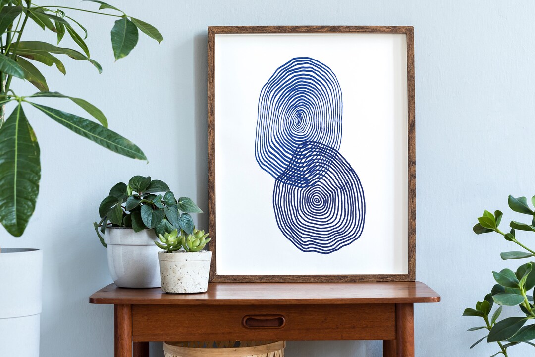 Les Cercles Blue Line Art, Navy Blue Wall Art, Line Drawing, Geometric ...
