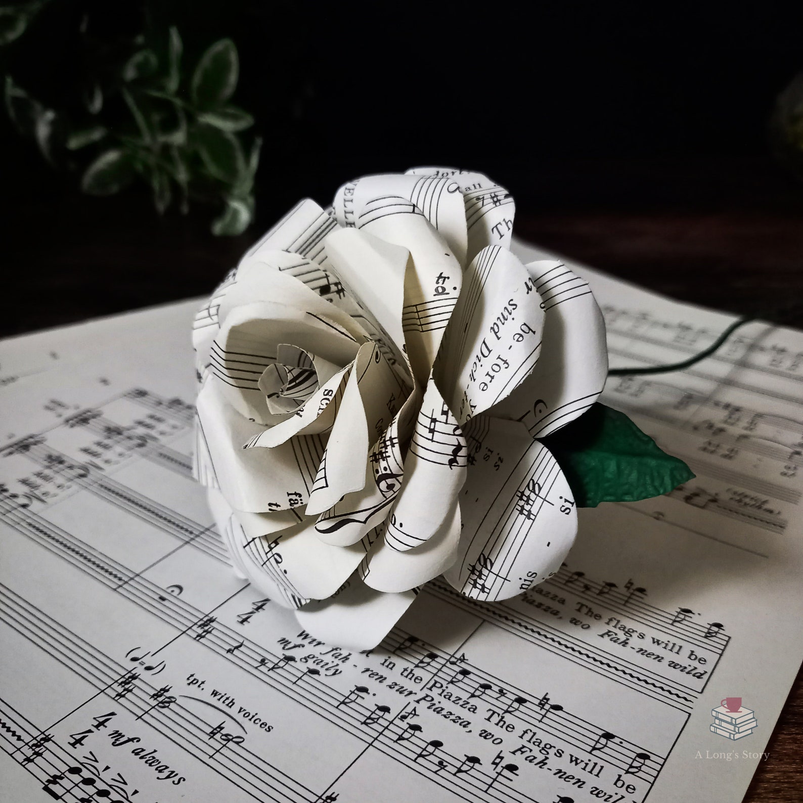 Sheet Music Paper Rose With Green Leaves and Gift Message Tag - Etsy