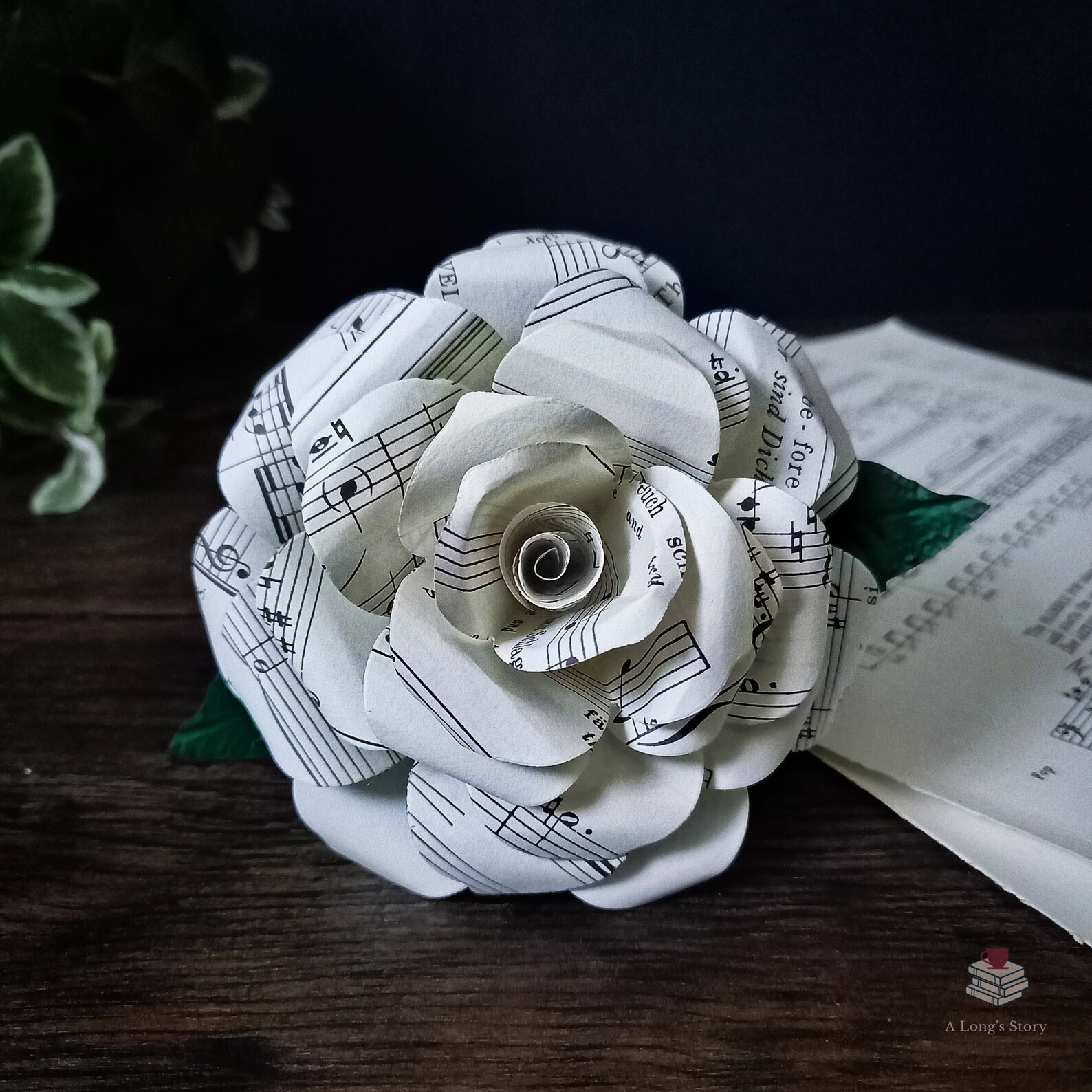 Sheet Music Paper Rose With Green Leaves and Gift Message Tag - Etsy