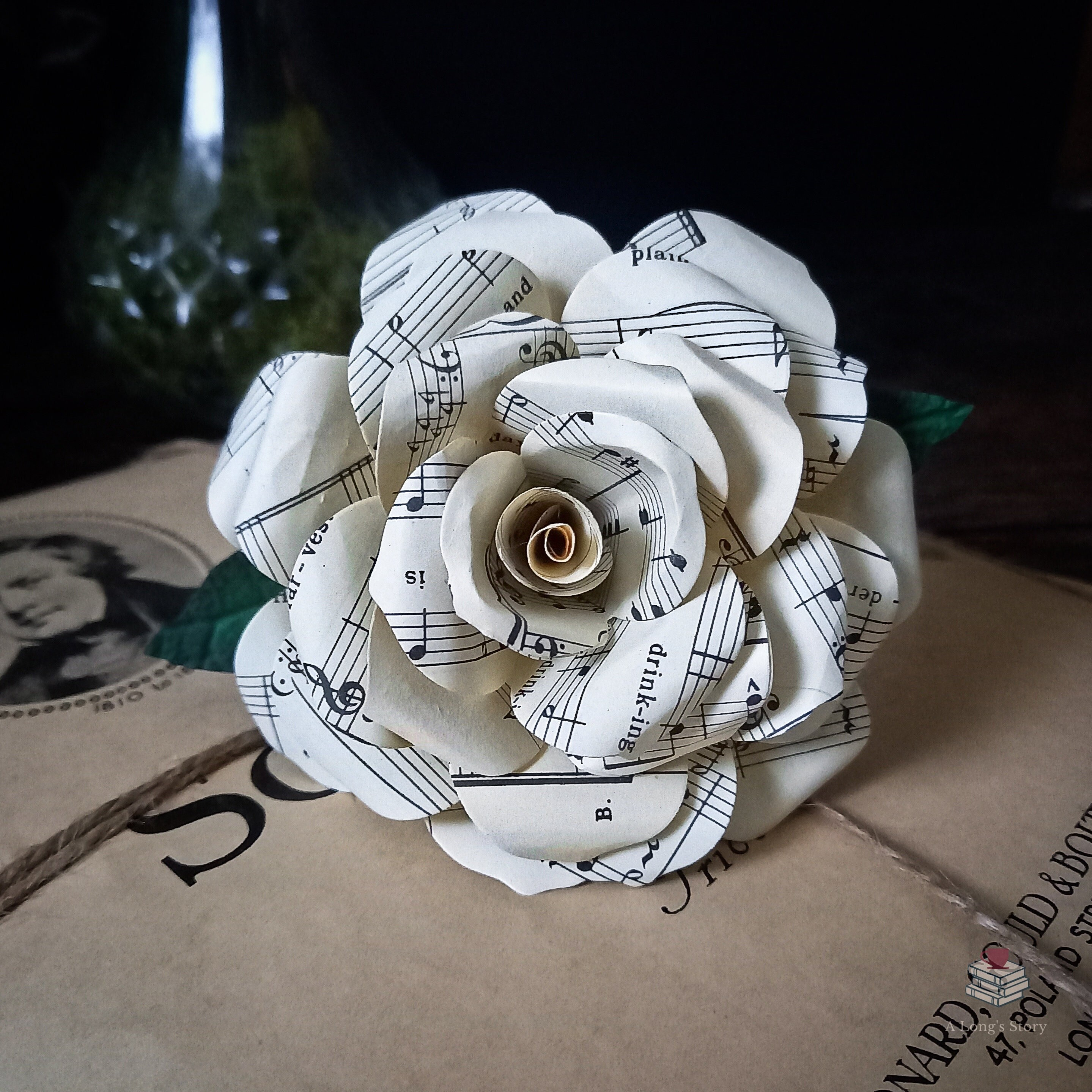 Sheet Music Paper Rose With Green Leaves and Gift Message Tag - Etsy UK