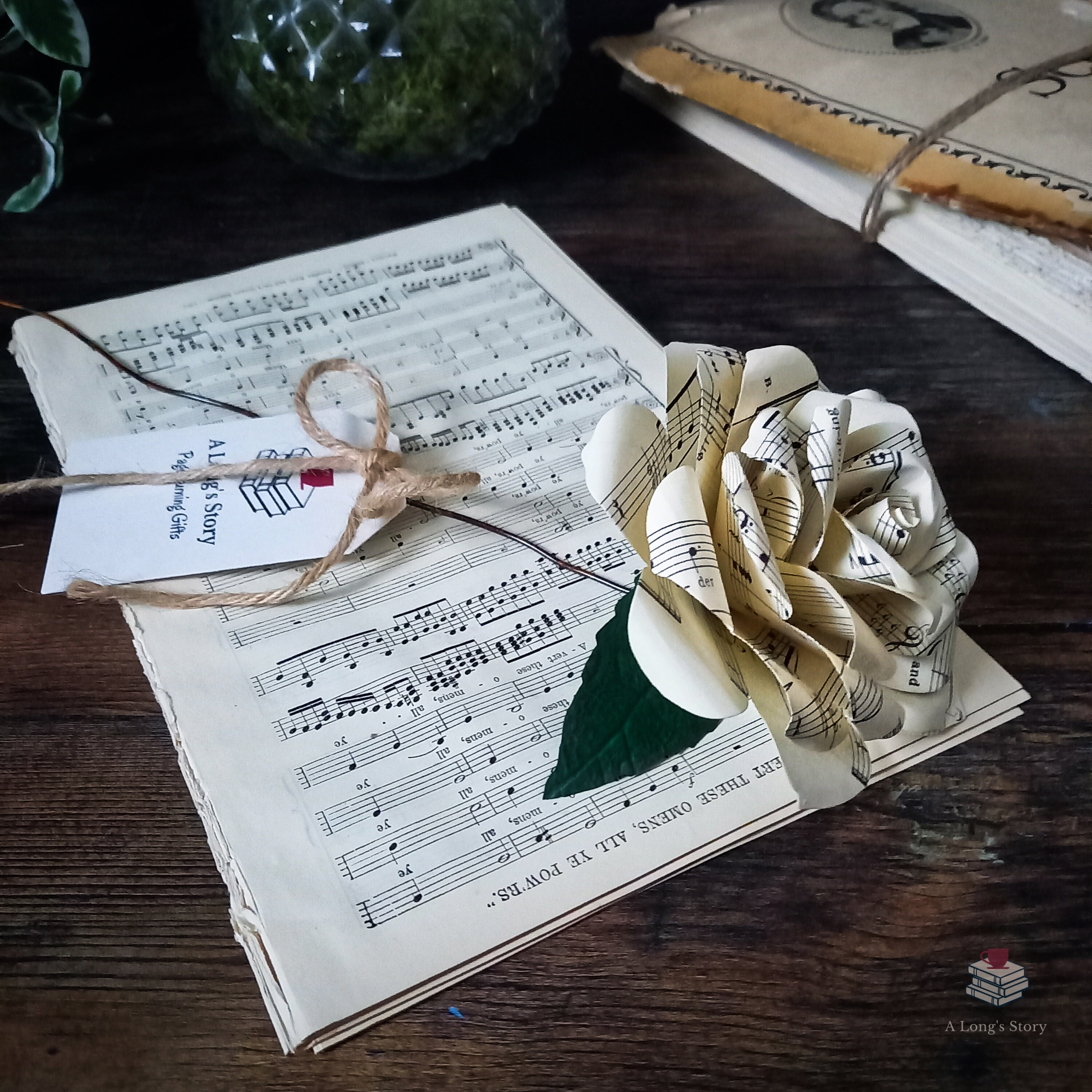 Sheet Music Paper Rose With Green Leaves and Gift Message Tag | Etsy
