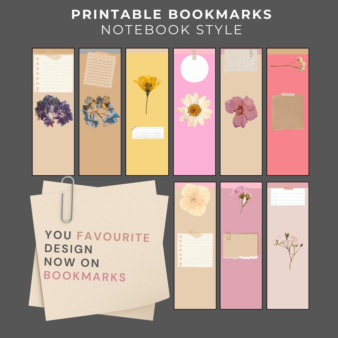 Floral Printable Bookmarks, Notebook Style Page Markers (set of 9 ...