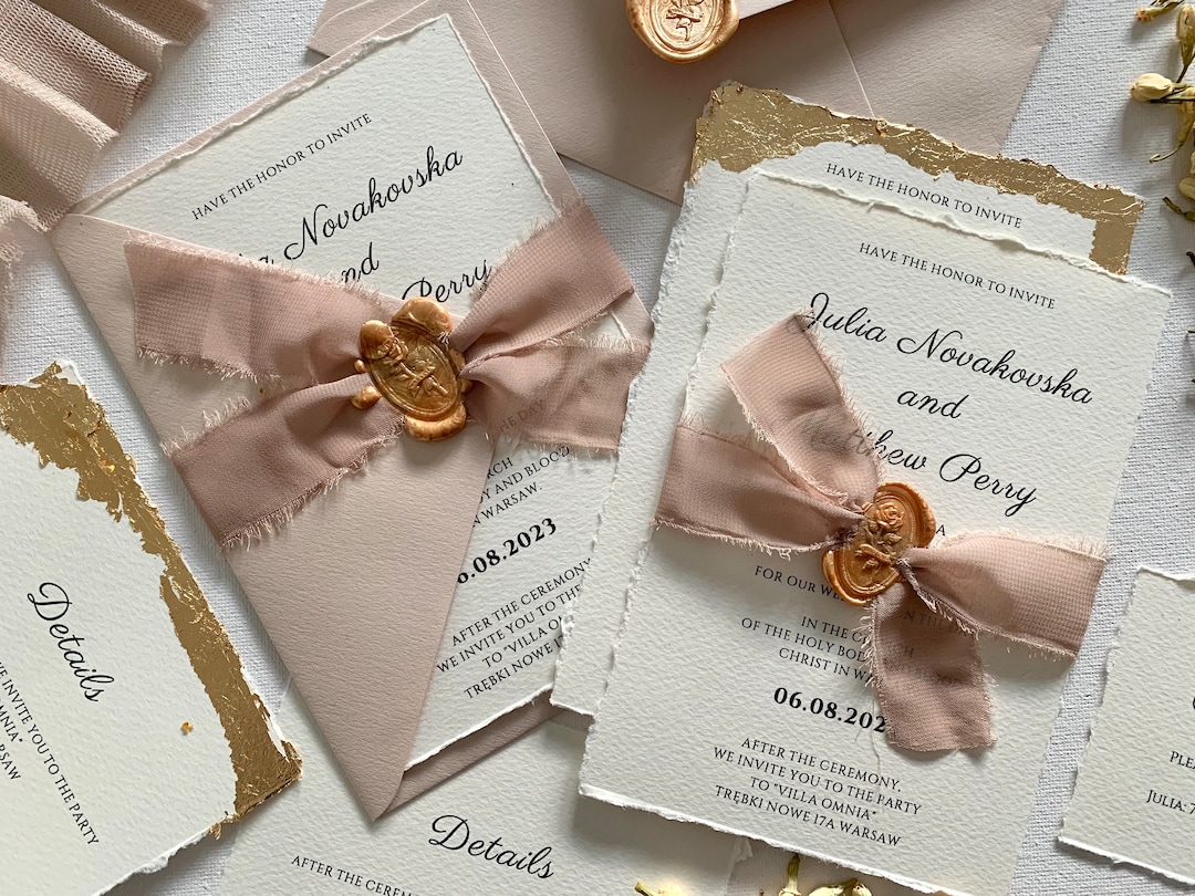 Beige Handmade Wedding Invitation Sets, Deckled Edge Paper Invitations ...