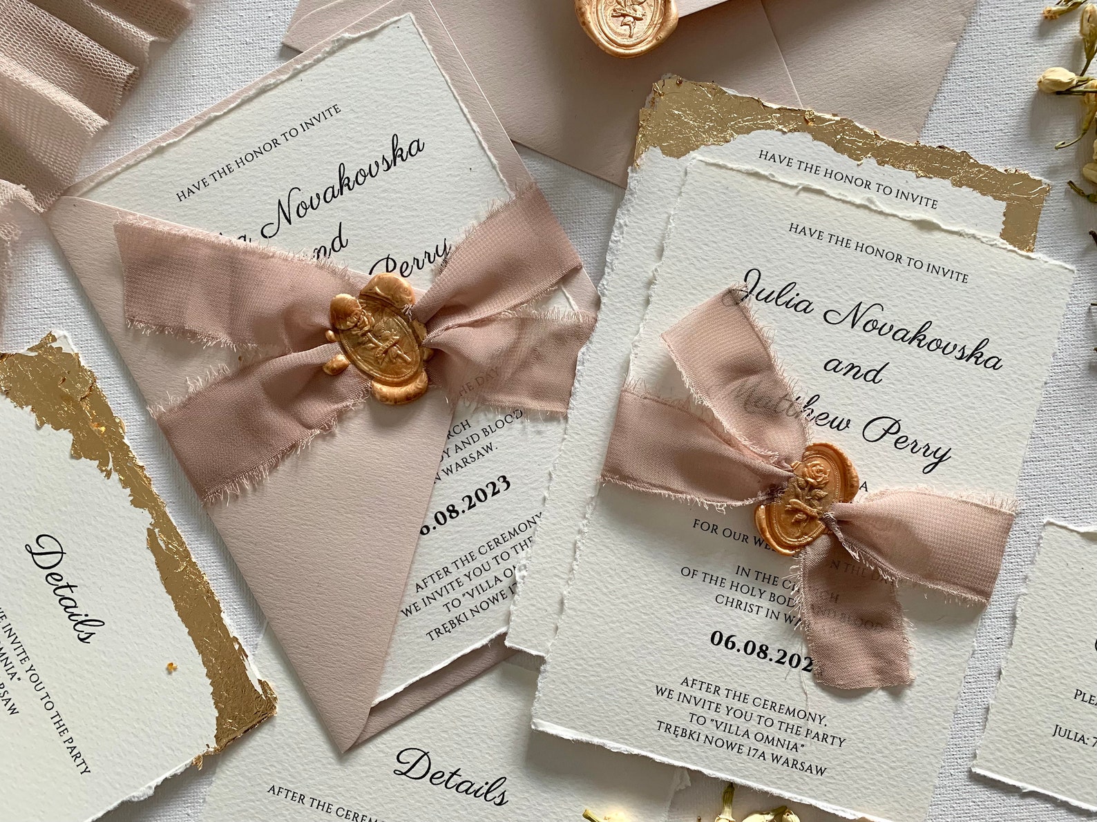 Beige Handmade Wedding Invitation Sets, Deckled Edge Paper Invitations ...