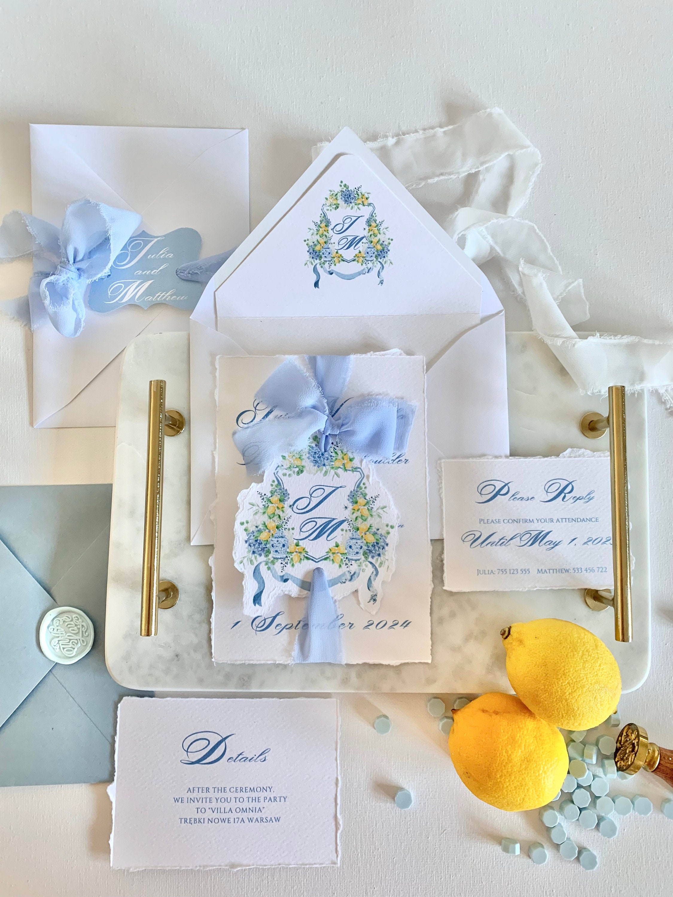Lemon Wedding Invitation, Wedding Crest Invitation, Watercolor Seaside ...