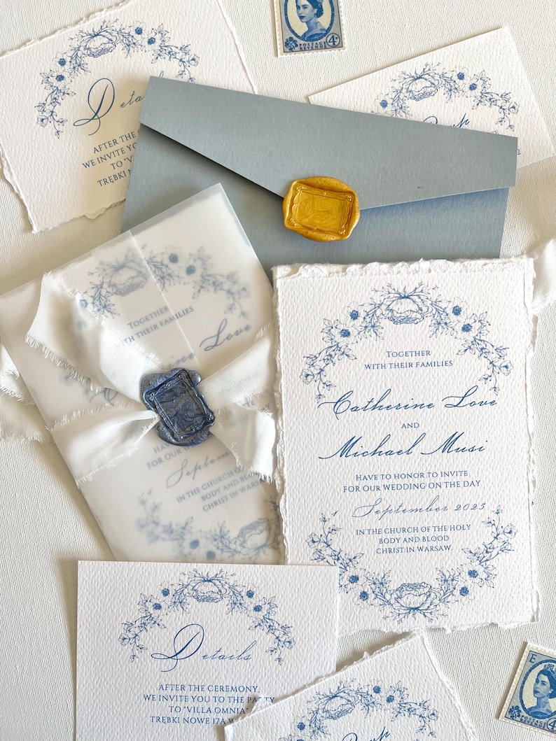 Dusty Blue Wedding Invitation, Handmade Paper Wedding Invitation ...
