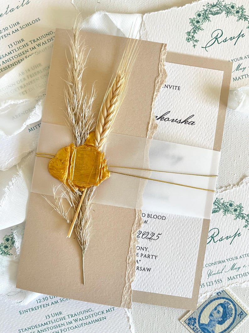 Beige Pampas Handmade Paper Wedding Invitation, Deckled Edge Invitation ...