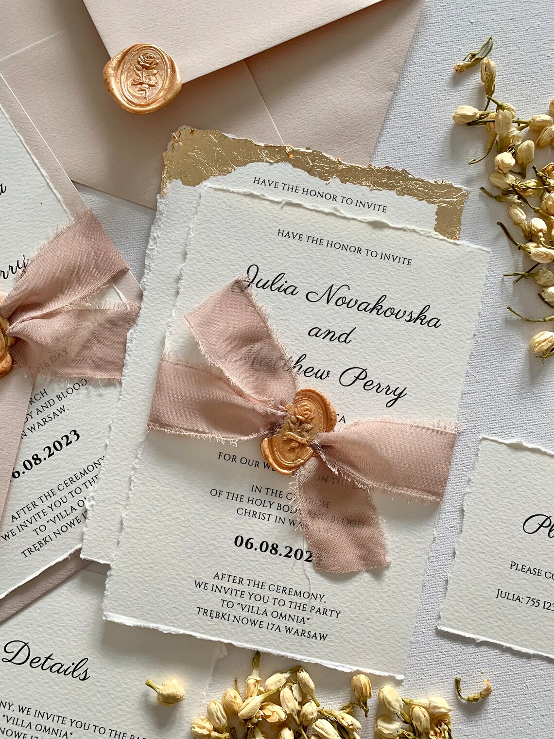 Beige Handmade Wedding Invitation Sets, Deckled Edge Paper Invitations ...