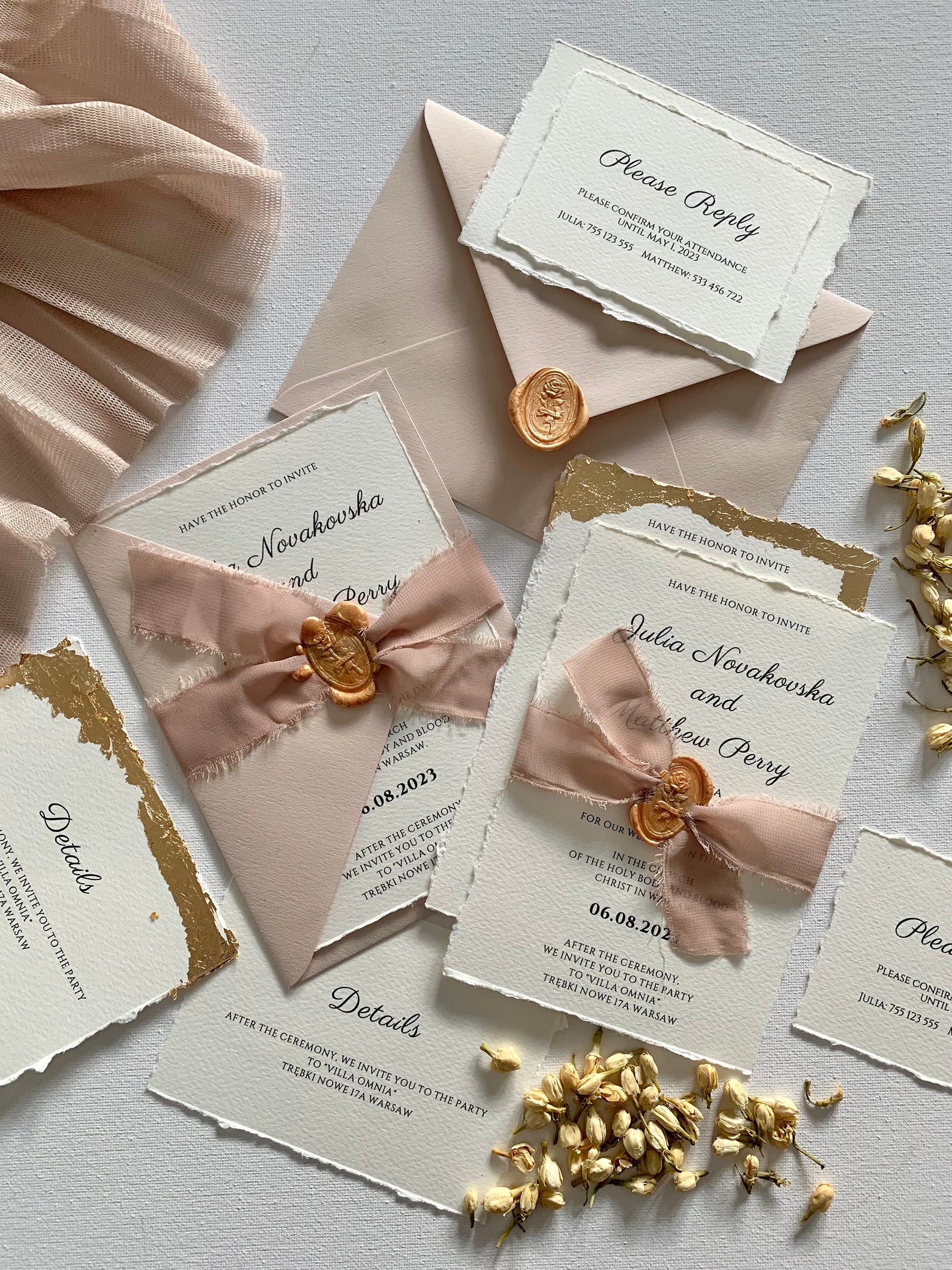 Beige Handmade Wedding Invitation Sets, Deckled Edge Paper Invitations ...