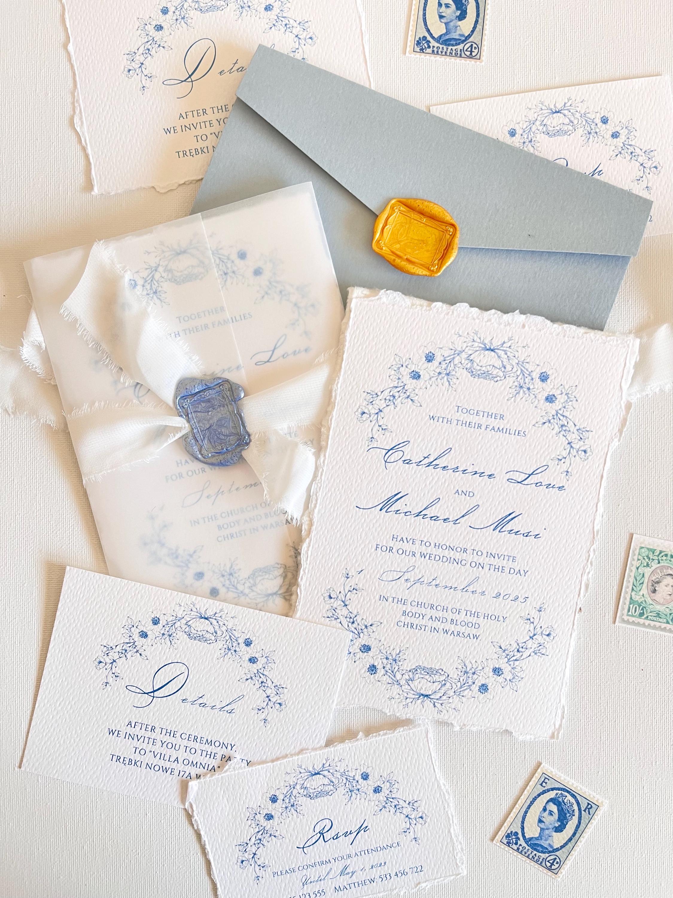 Dusty Blue Wedding Invitation, Handmade Paper Wedding Invitation ...