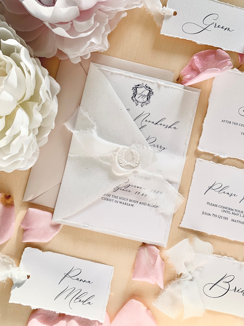 100 X Handmade Wedding Invitation Set, Deckled Edge Paper Invitations ...