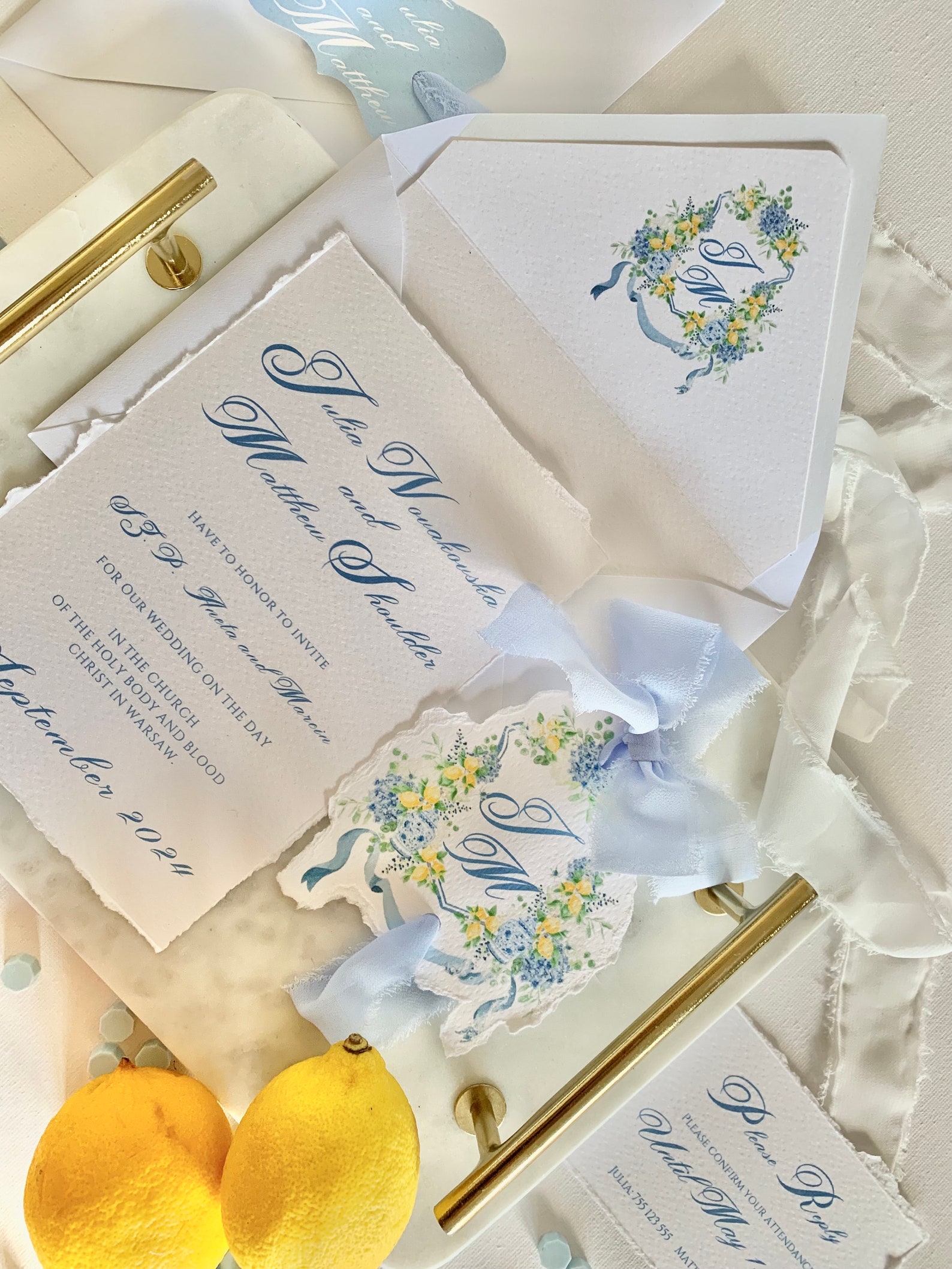 Lemon Wedding Invitation, Wedding Crest Invitation, Watercolor Seaside ...