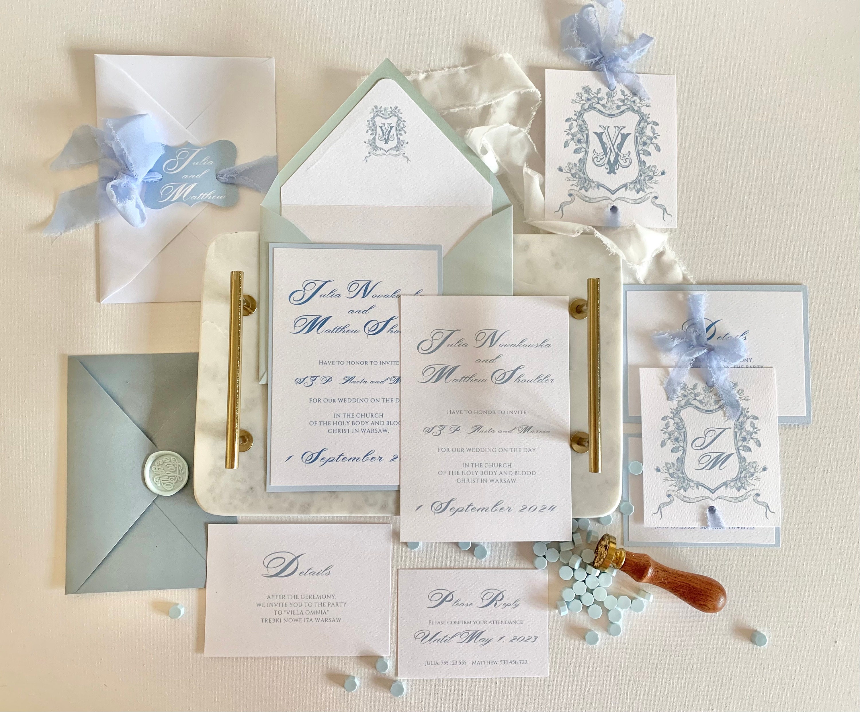 Dusty Blue Wedding Invitation, Wedding Crest Invitation, Regency ...