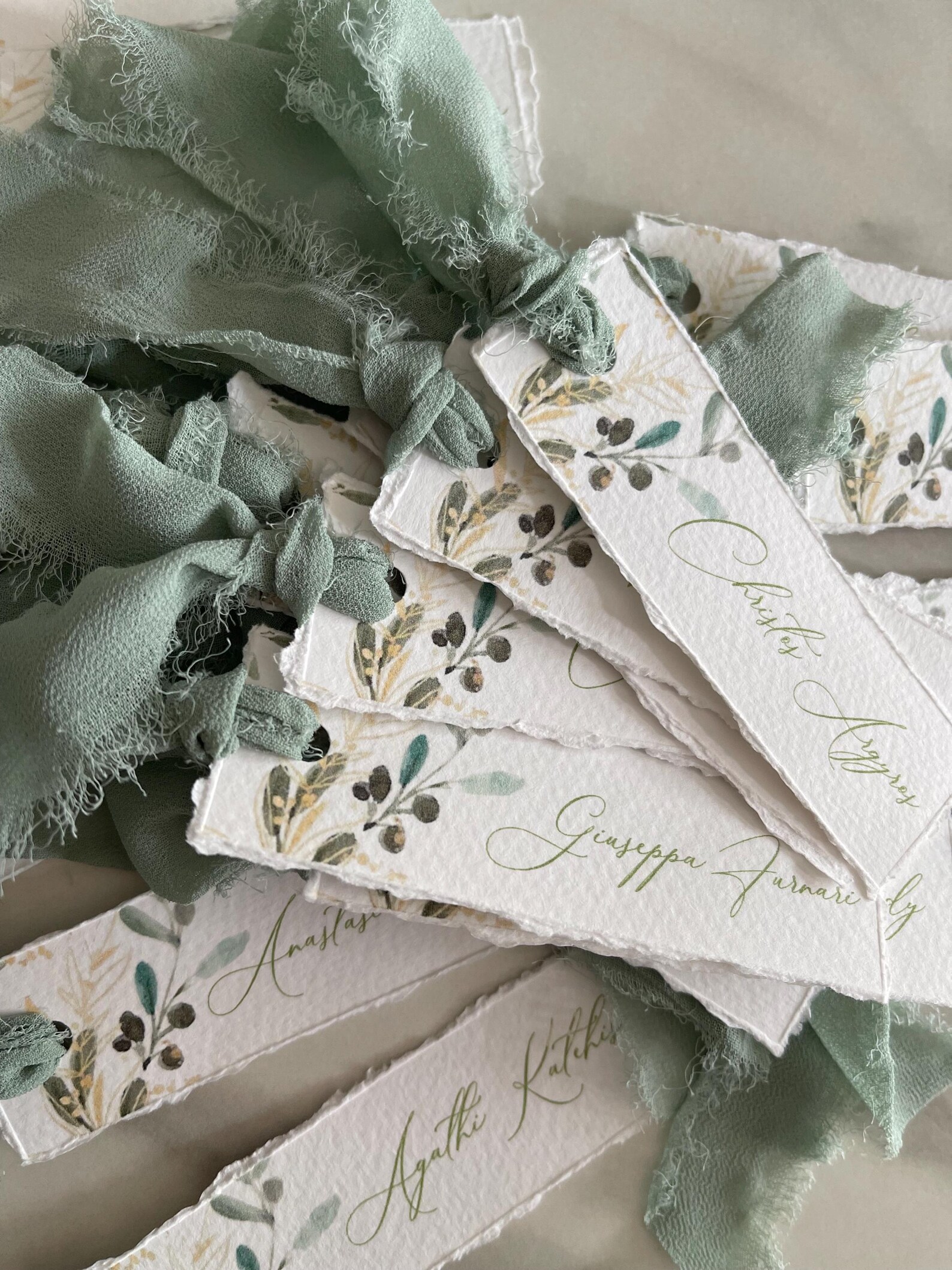 Olive Name Place Cards | Name Sage Green | Wedding Name Cards | Deckled ...