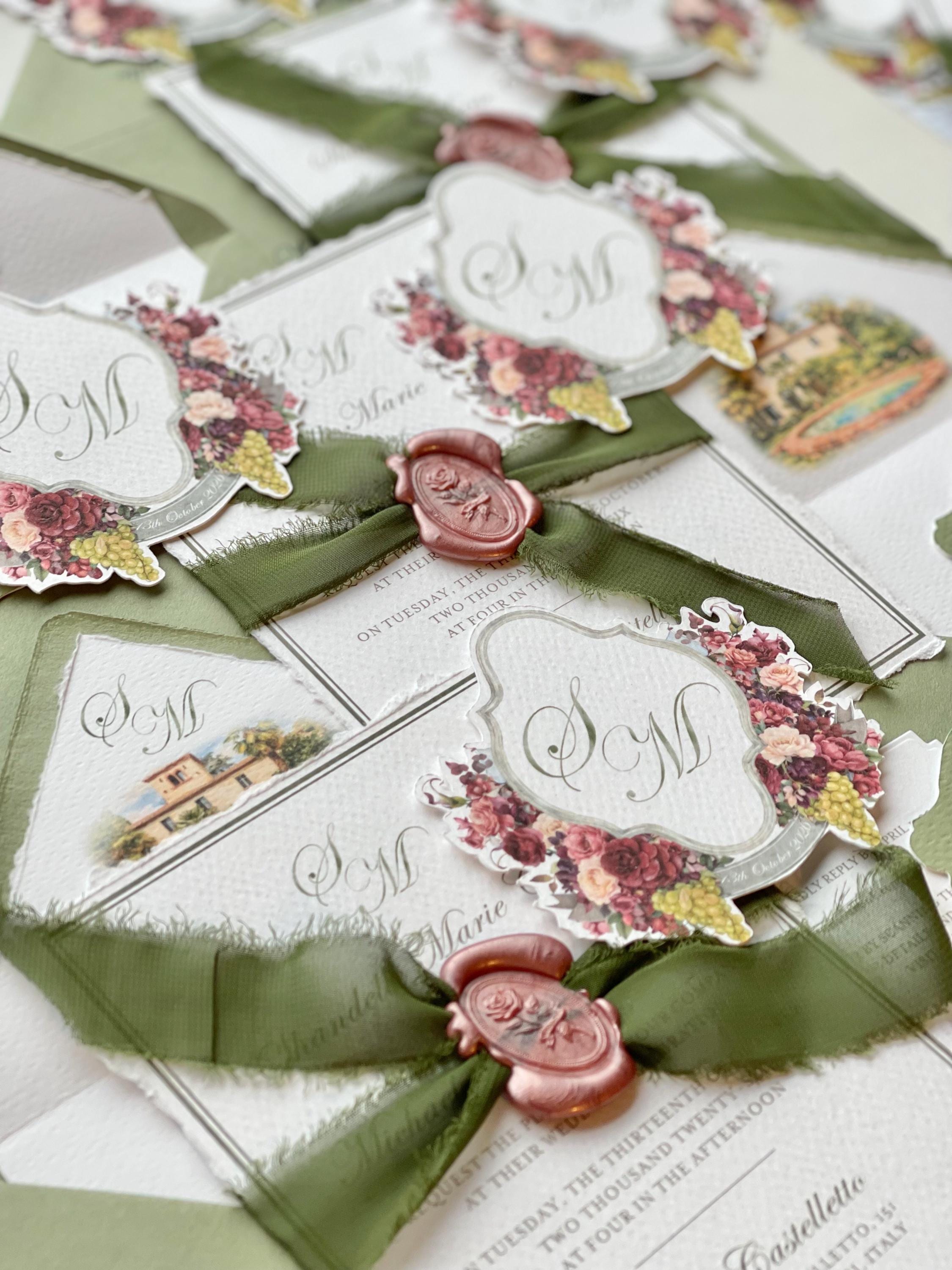 Tuscan Wedding Invitation Suite With Wax Seal, Olive Green Italian ...