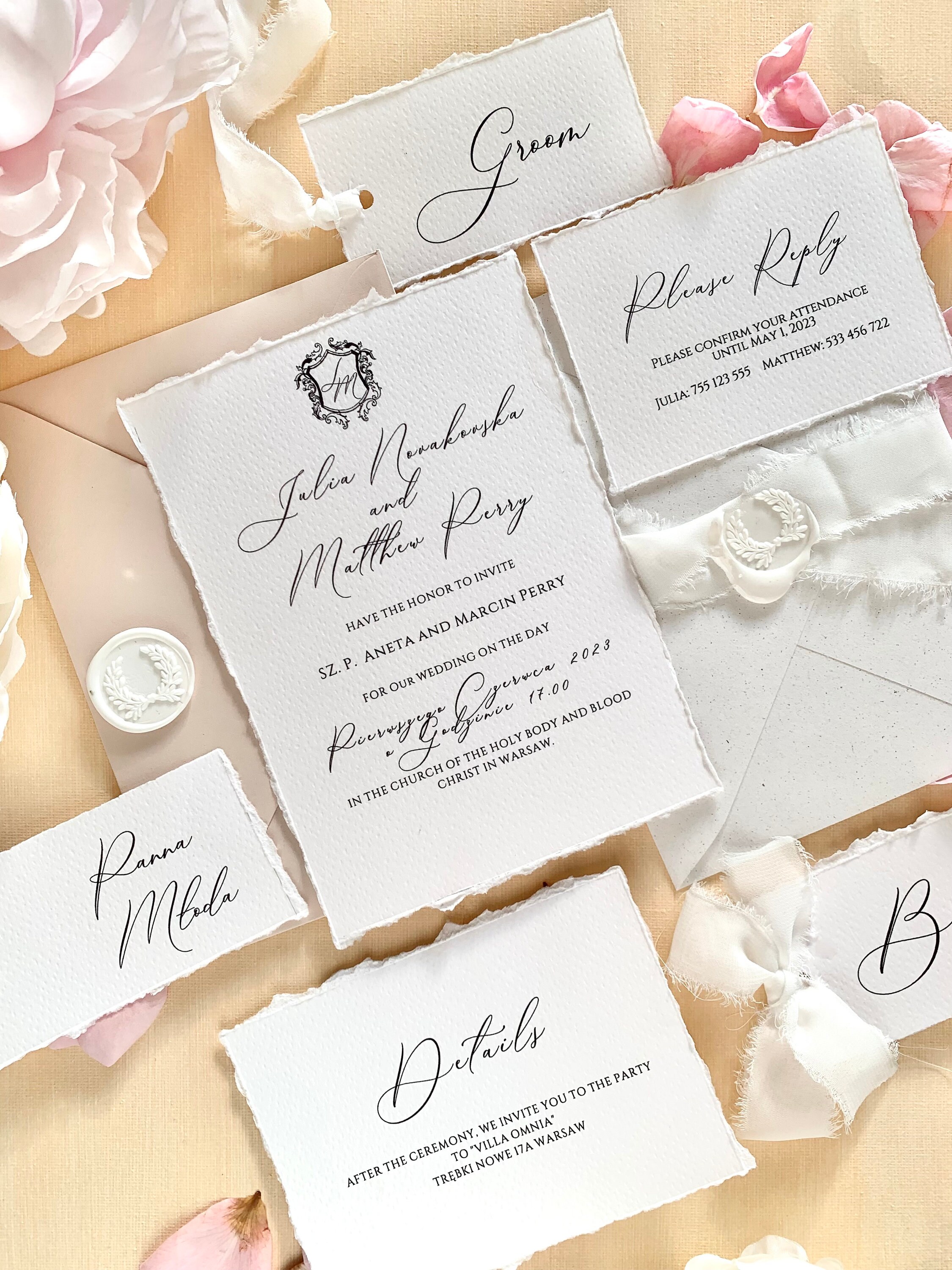 100 X Handmade Wedding Invitation Set, Deckled Edge Paper Invitations ...