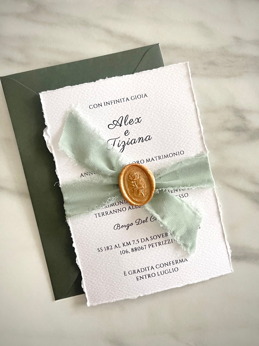 Sage Green Handmade Wedding Invitation Sets, Deckled Edge Paper ...