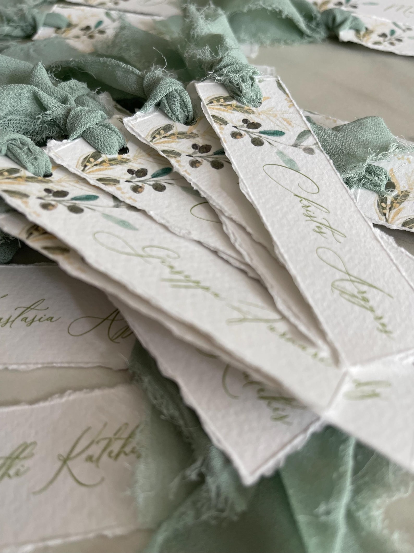 Olive Name Place Cards | Name Sage Green | Wedding Name Cards | Deckled ...