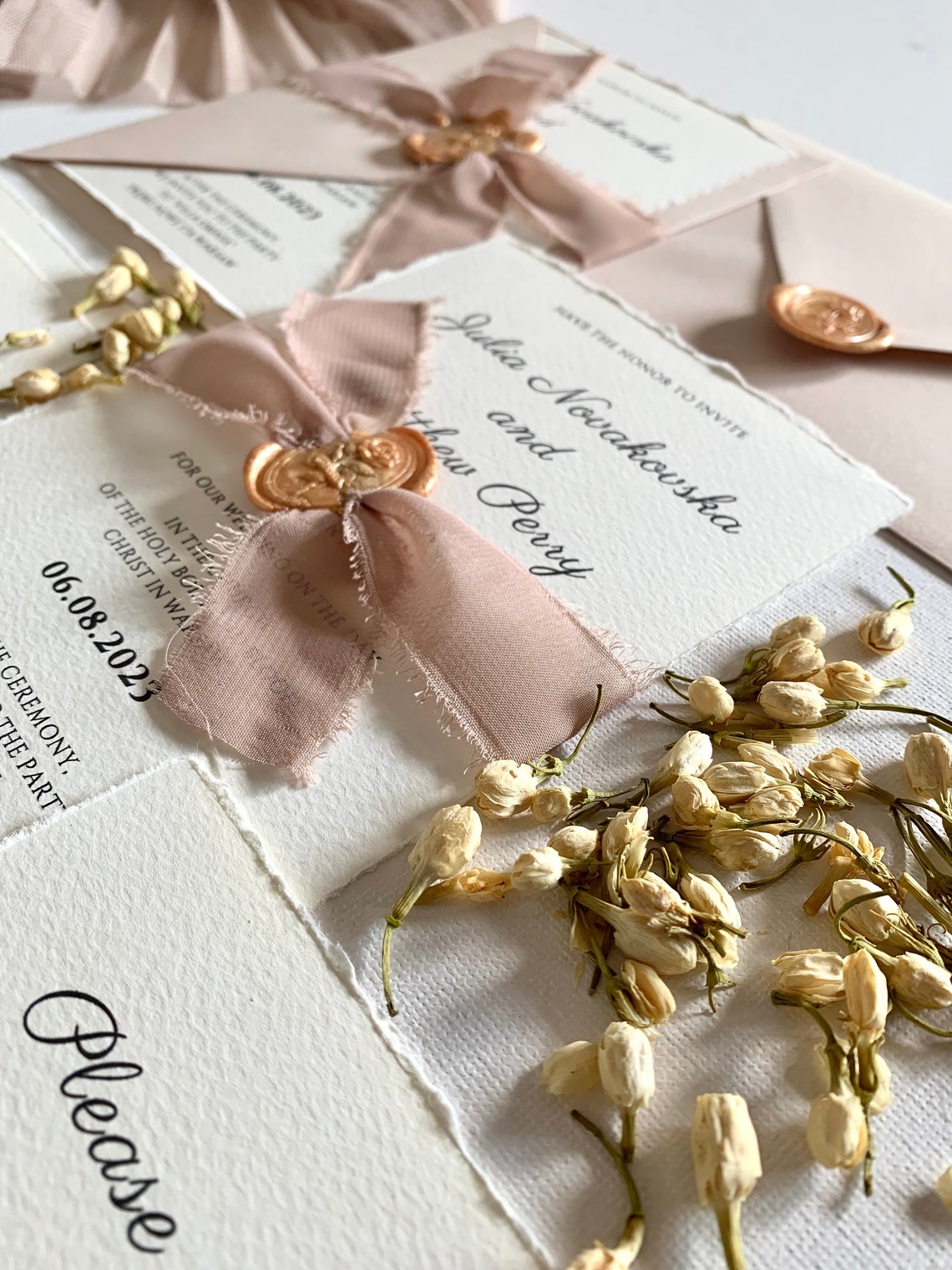 Beige Handmade Wedding Invitation Sets, Deckled Edge Paper Invitations ...