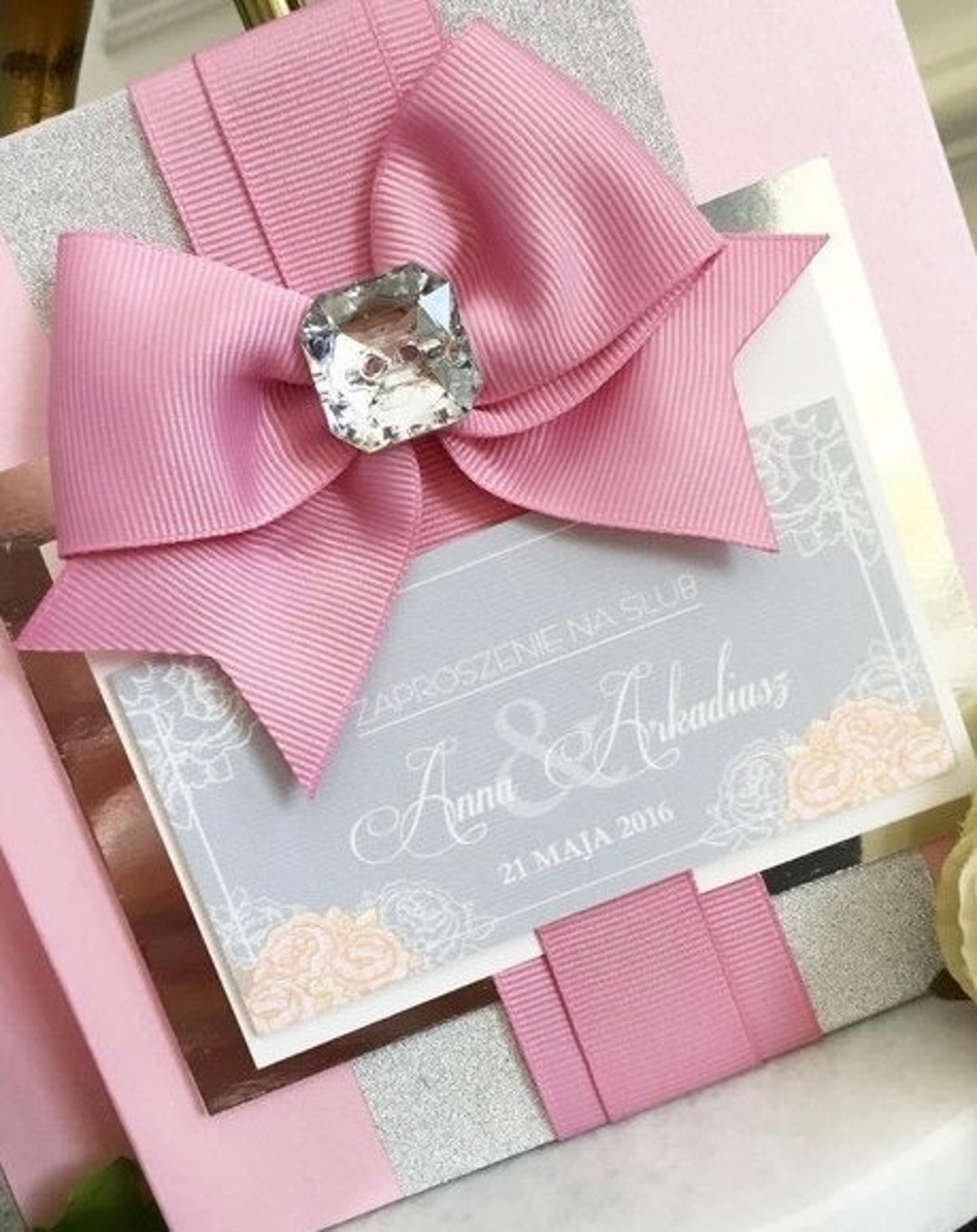 Luxury Ribbon Big Bow Wedding Invitation Pink Diamond Silver Glamor ...