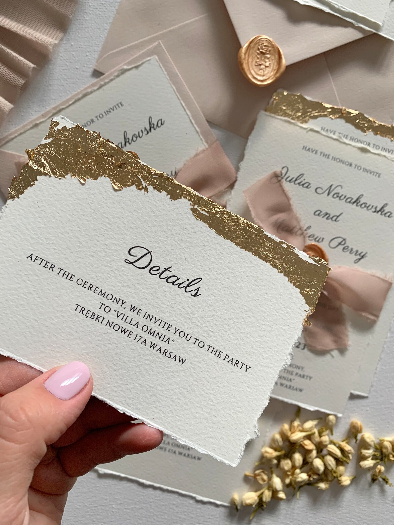 Beige Handmade Wedding Invitation Sets, Deckled Edge Paper Invitations ...