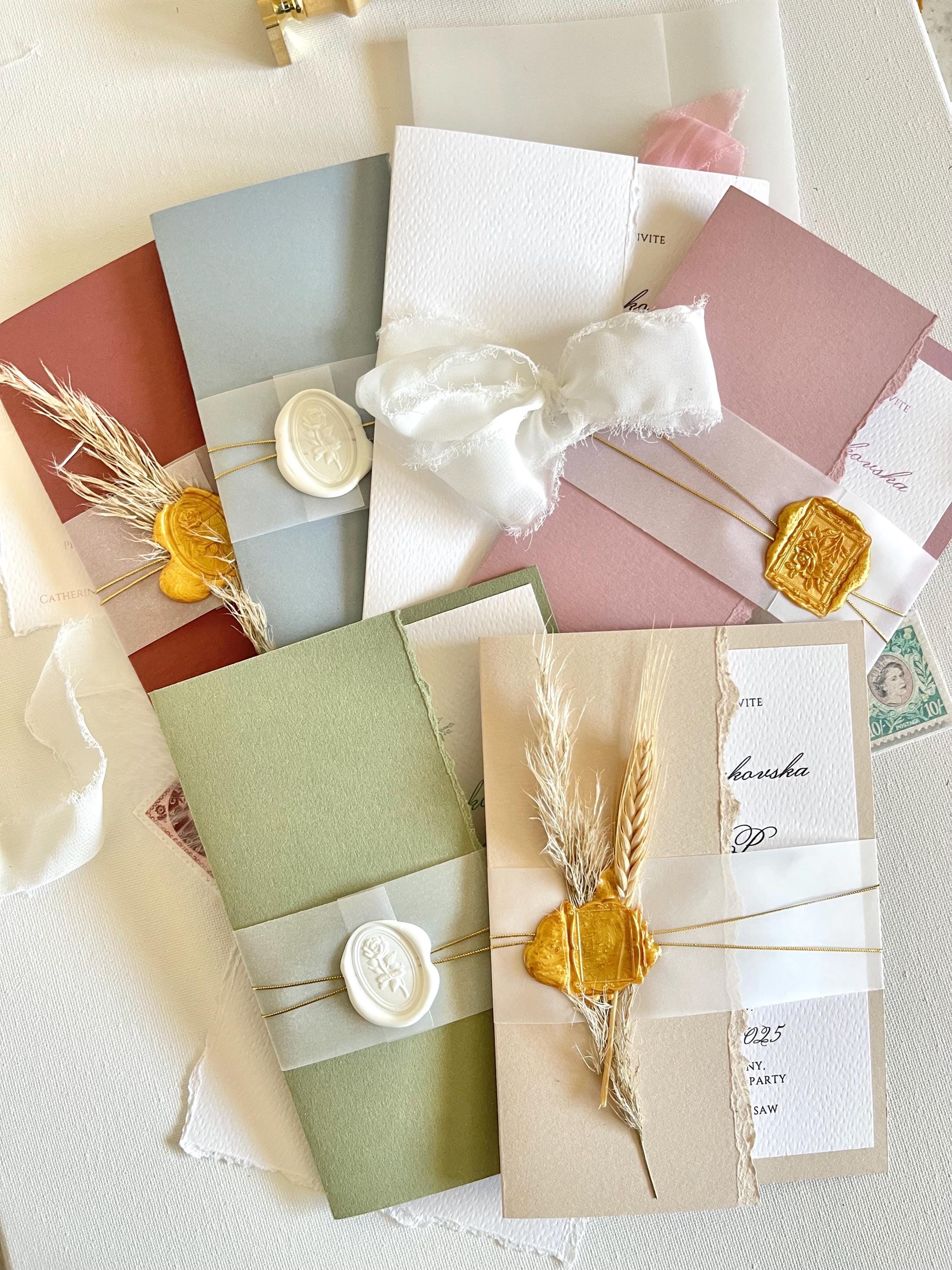 Beige Pampas Handmade Paper Wedding Invitation, Deckled Edge Invitation ...