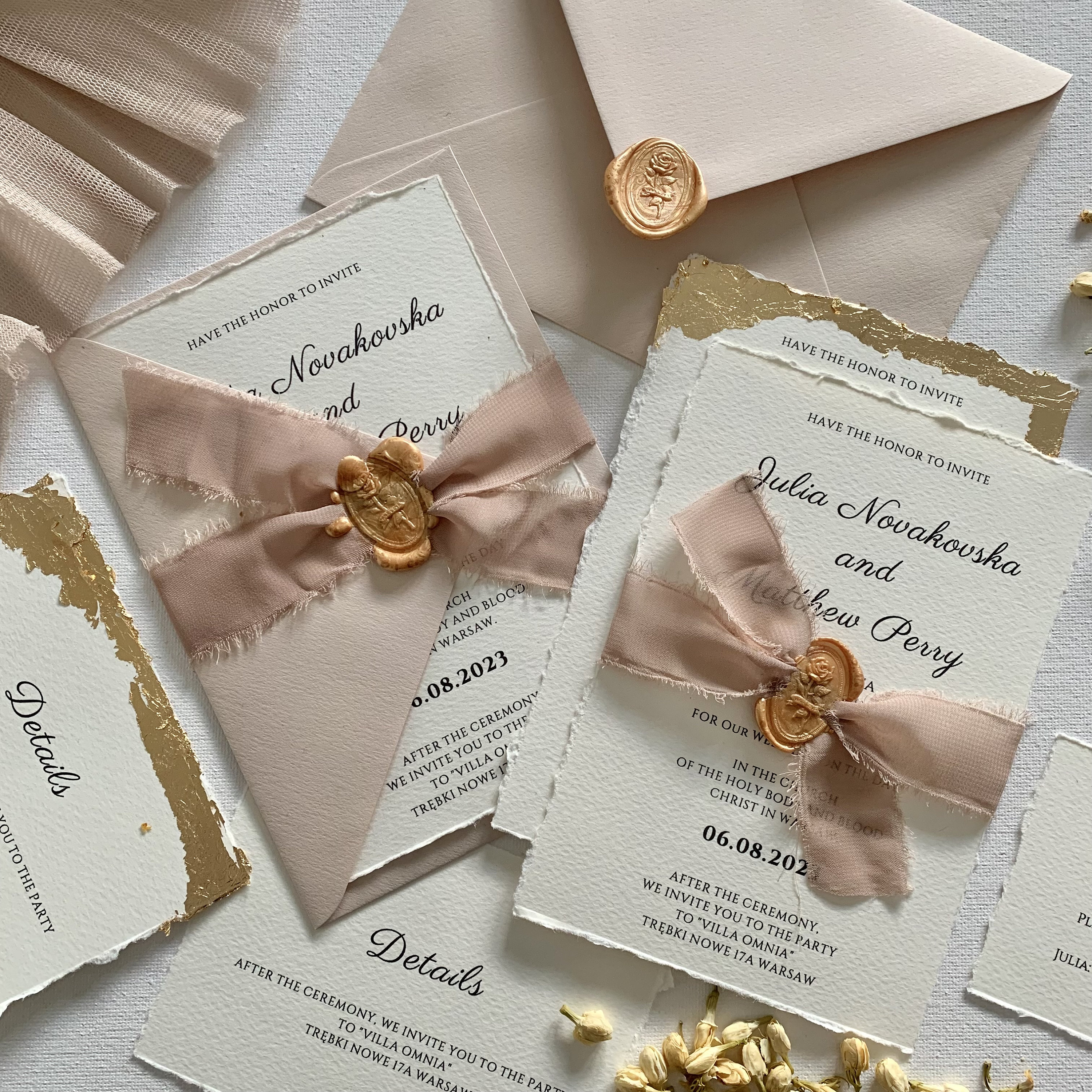Beige Handmade Wedding Invitation Sets, Deckled Edge Paper Invitations ...