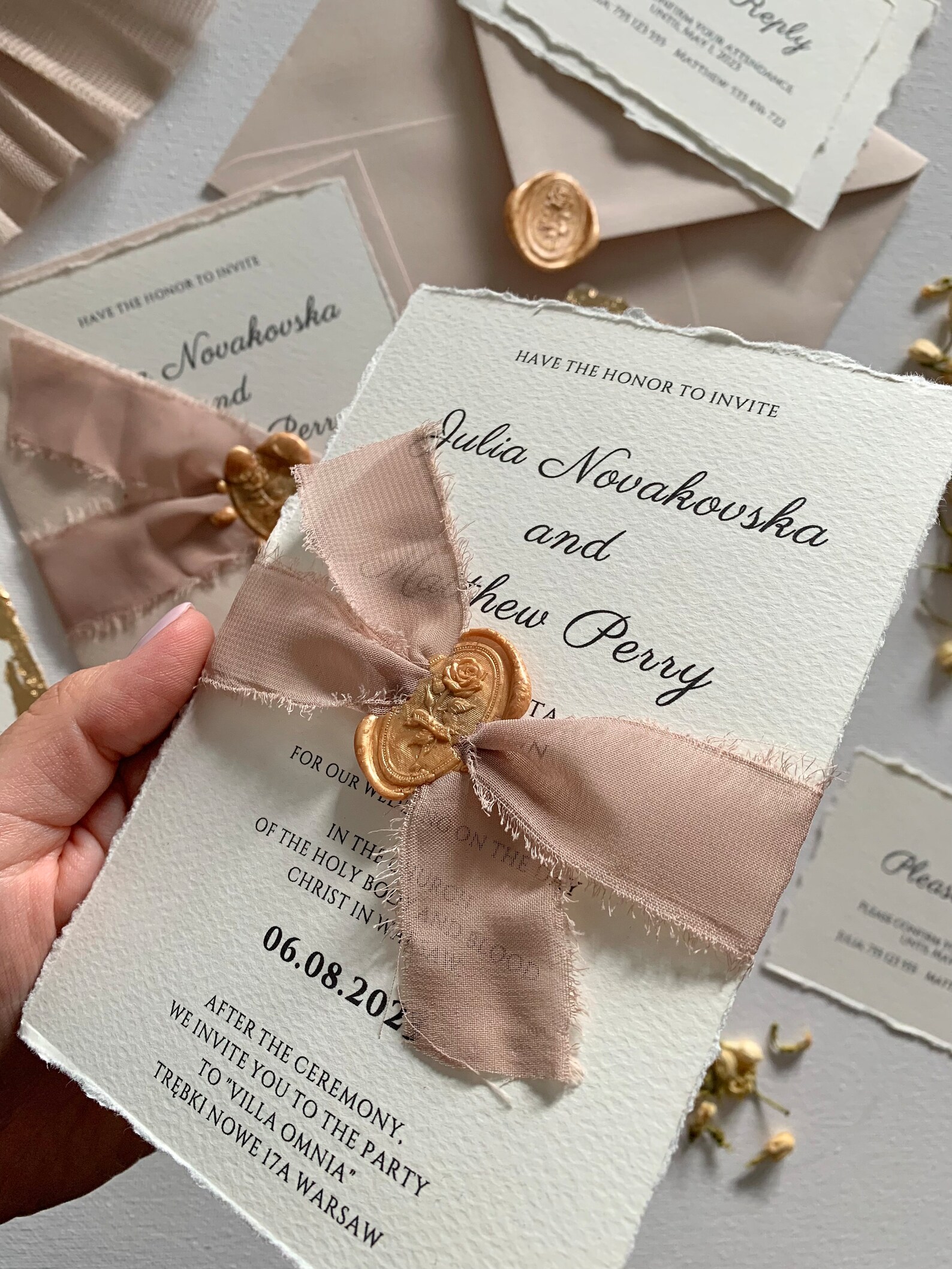 Beige Handmade Wedding Invitation Sets, Deckled Edge Paper Invitations ...