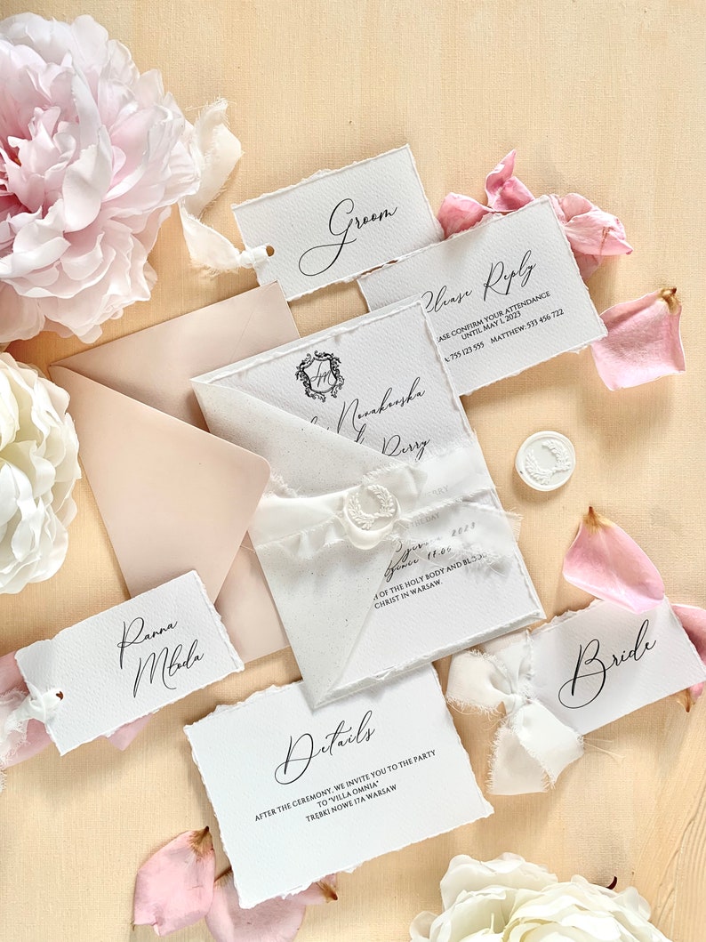 100 X Handmade Wedding Invitation Set, Deckled Edge Paper Invitations ...