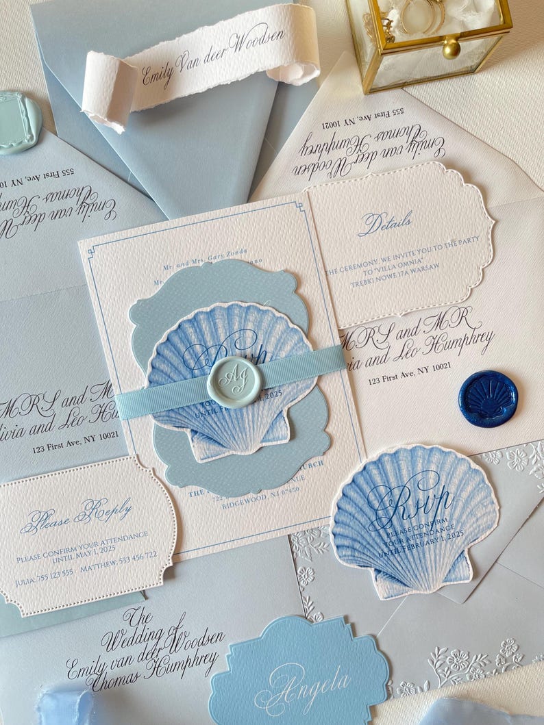 Blue Seashell Sea Beach Wedding Invitation, Wedding Crest Invitation ...