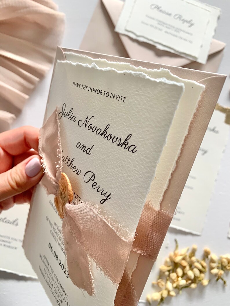 Beige Handmade Wedding Invitation Sets, Deckled Edge Paper Invitations ...