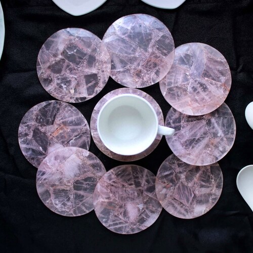 Rose Quartz Coasters Round Coaster Set Rose Quartz Slice Gold - Etsy