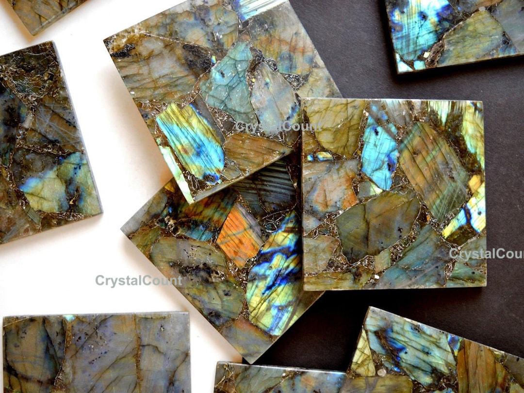 Natural Labradorite Gemstone Coaster Epoxy Resin Home Decor, Blue Fire ...