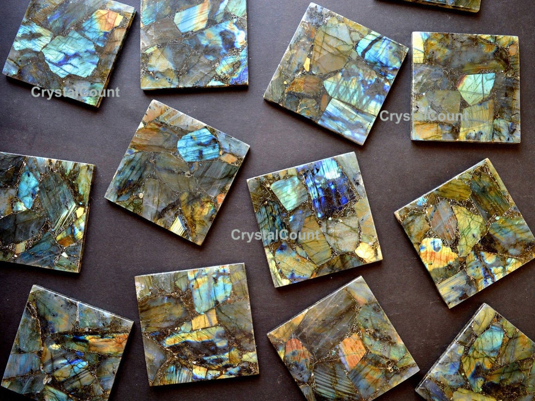 Natural Labradorite Gemstone Square Coaster Epoxy Resin Stone Coasters ...