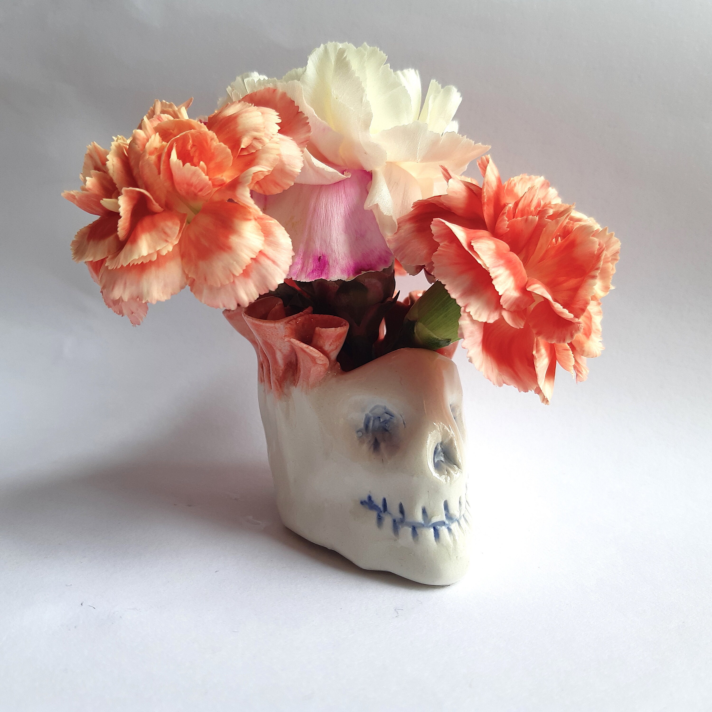Ceramic Skull Vase With Coral Coloured Flower Bud Rim/ a Skull Lovers ...