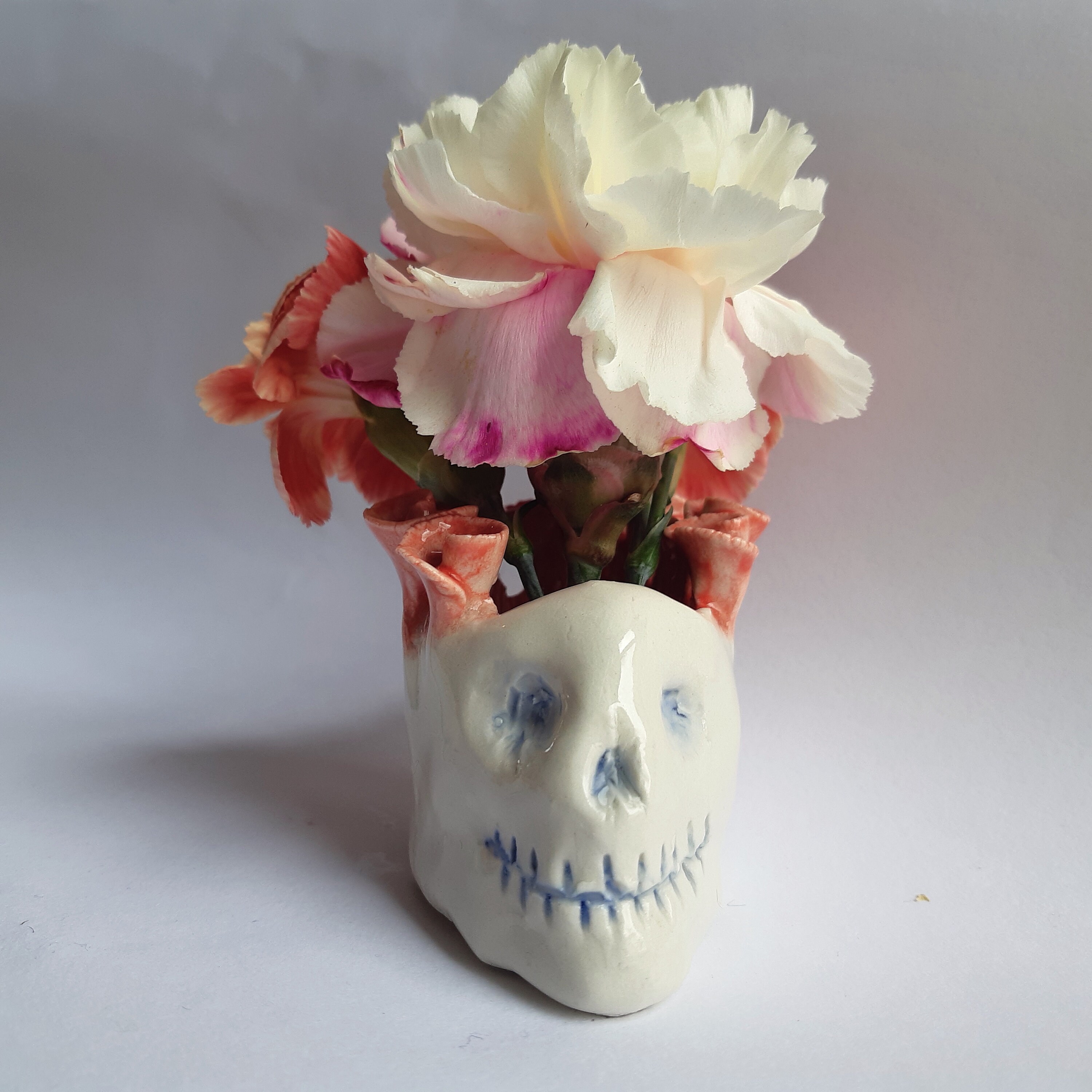 Ceramic Skull Vase With Coral Coloured Flower Bud Rim/ a Skull Lovers ...