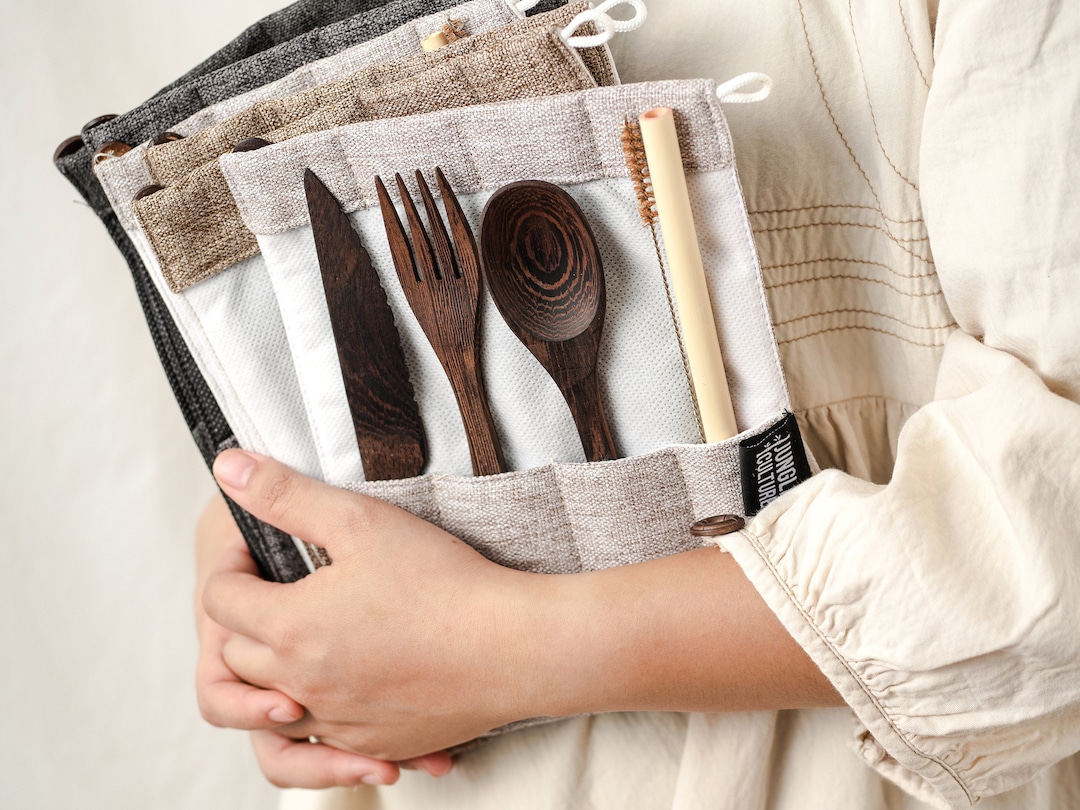 Handmade Ebony Wooden Cutlery Set: Zero Waste Travel Utensils & Straw ...
