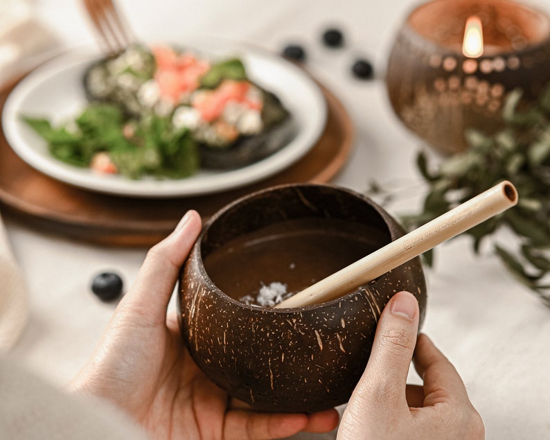 Coconut Shell Cups Smoothie Cup Set With Bamboo Straws - Etsy
