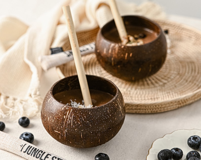 Coconut Shell Cups Smoothie Cup Set With Bamboo Straws - Etsy