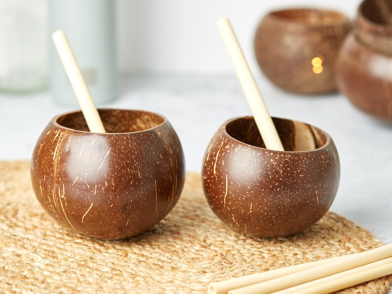 Coconut Shell Cups Smoothie Cup Set With Bamboo Straws - Etsy